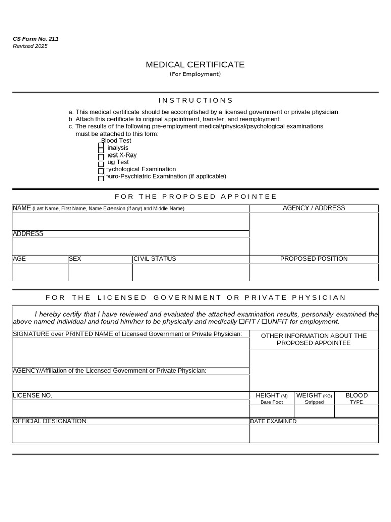 ANNEX G - CS Form No. 211 Revised 2025 - Medical Certificate | PDF ...