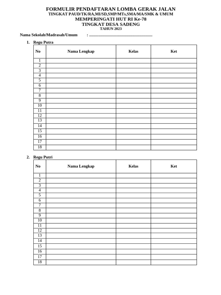 Formulir Lomba Peringatan Hut Ri Ke78 2023 - Salin - Salin | PDF