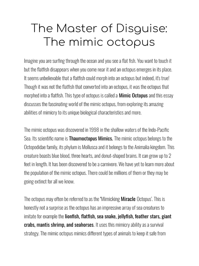 The Marvelous Mimic Octopus Explained | PDF | Mimicry | Zoology