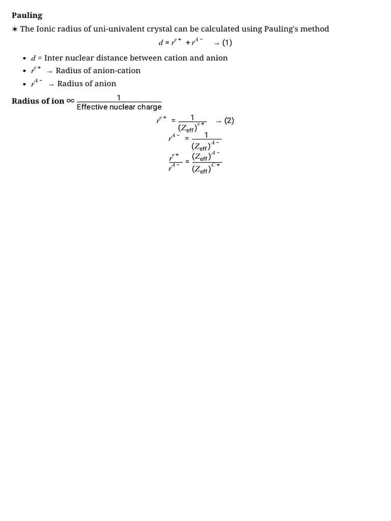 Pauling Method for Ionic Radius Calculation | PDF