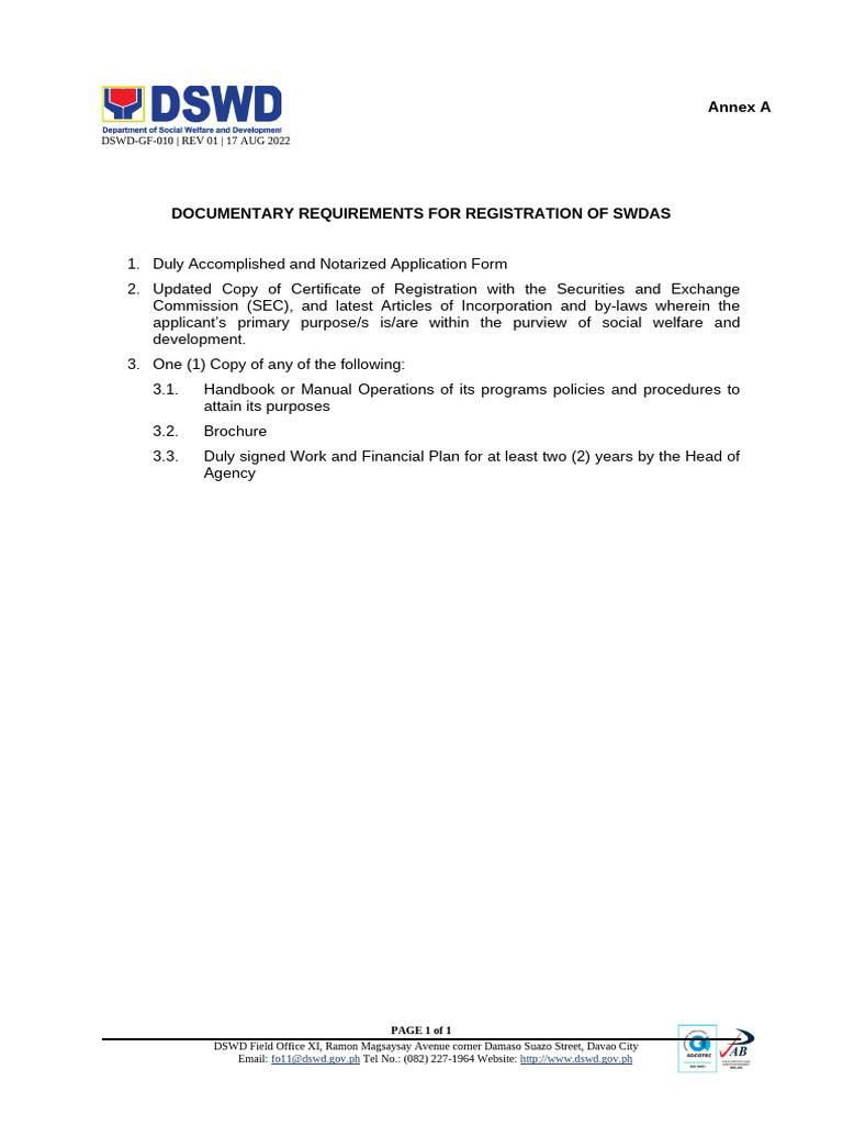 GF-010 ANNEX A - Doc Req For Registration of SWDAs | PDF