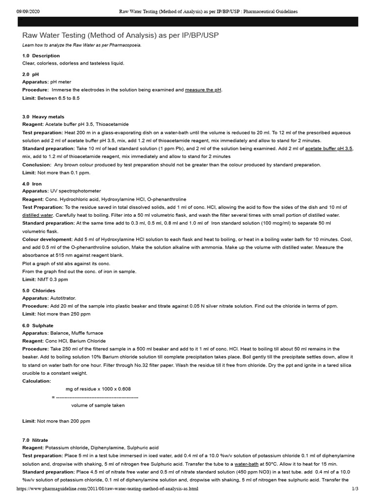 Raw Water Testing (Method of Analysis) as Per IP_BP_USP ...