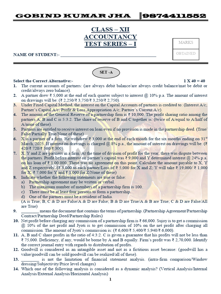Class XII Accountancy Test Series I | PDF | Goodwill (Accounting ...
