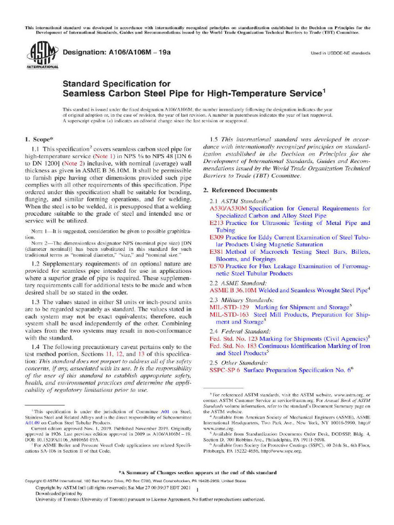 ASTM A106 - A106M - 19a | PDF | Pipe (Fluid Conveyance) | Physical Sciences