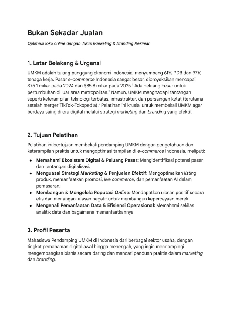 TOR Pelatihan - Bukan Sekadar Jualan | PDF