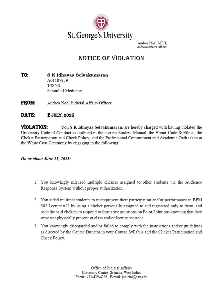 Revised Notice of Violation - Idhayaa Selvakumaran | PDF | Academic ...
