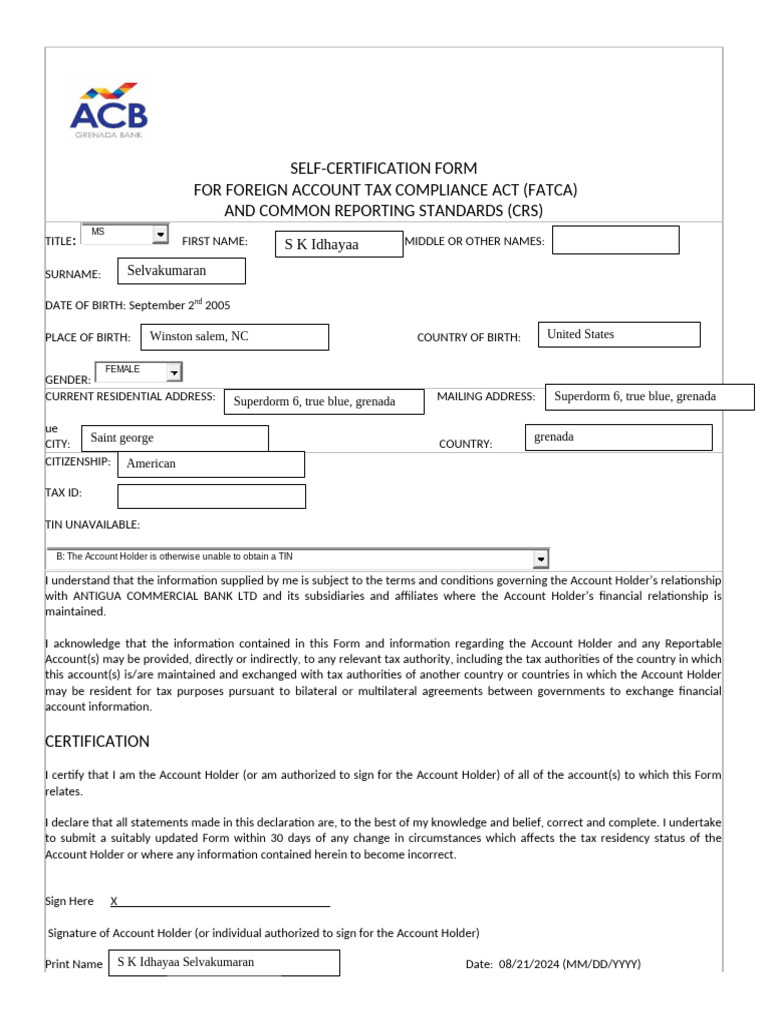 FATCA CRS Self-Certification Form | PDF | Justice | Crime & Violence