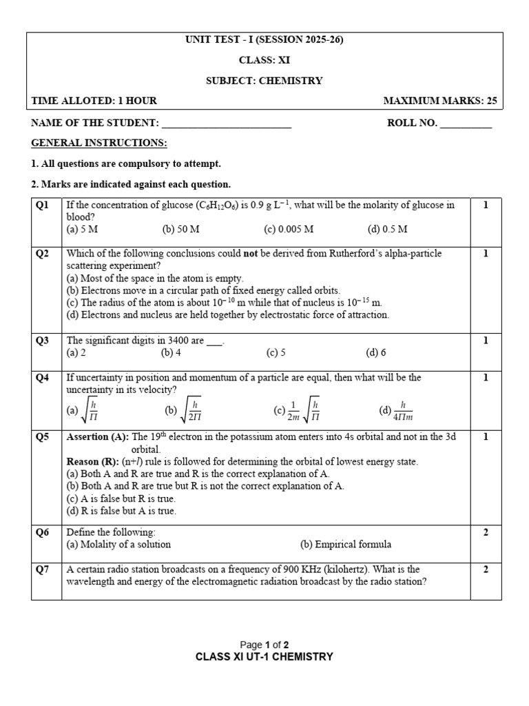 Class XI Chemistry Unit Test 2025-26 | PDF | Atomic Orbital | Atoms