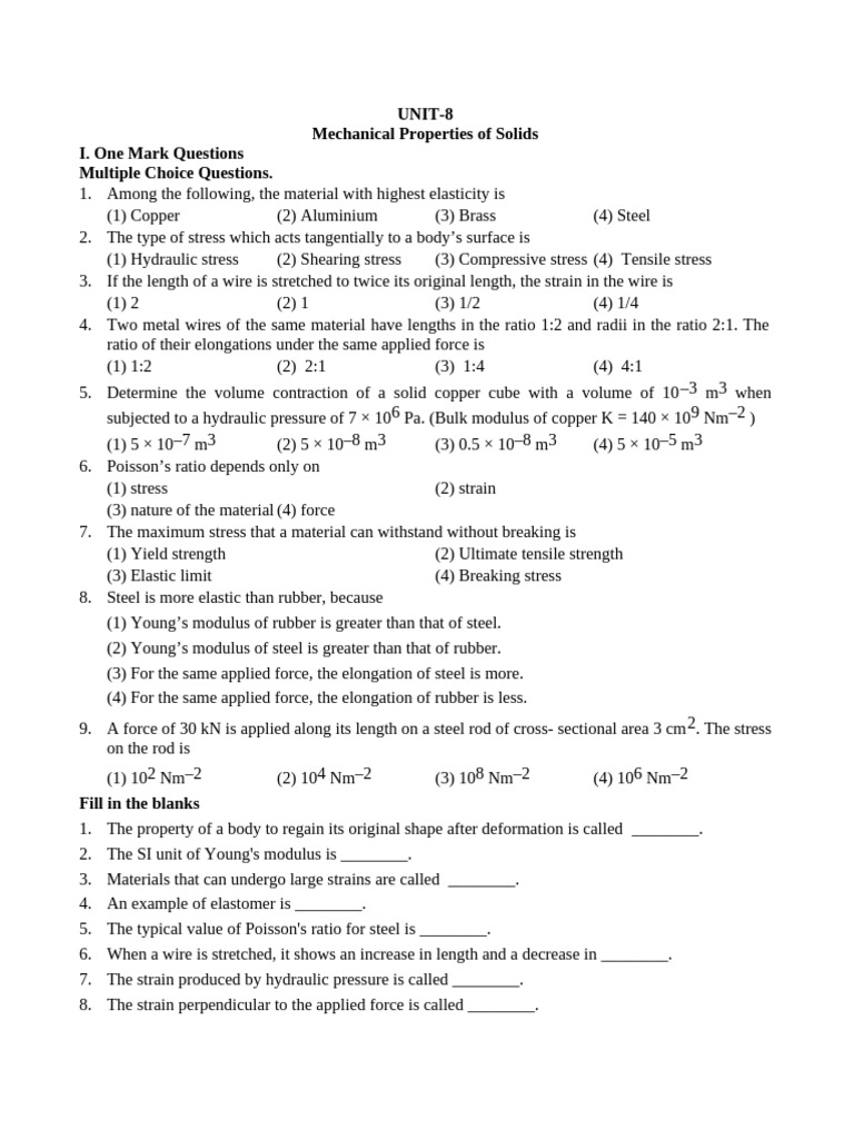 Mechanical Properties of Solids Quiz | PDF | Young's Modulus ...