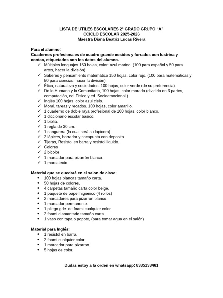 LISTA DE UTILES 2DO prim. | PDF