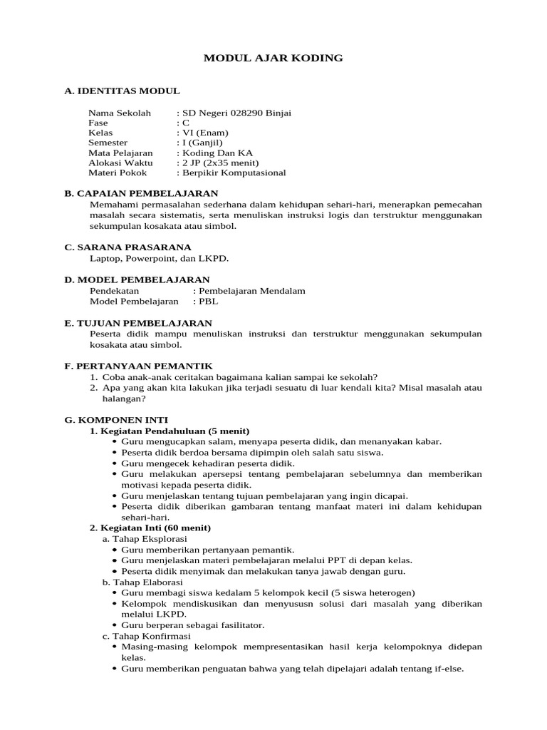 MODUL AJAR KODING Kelas 6 Bab 2 | PDF