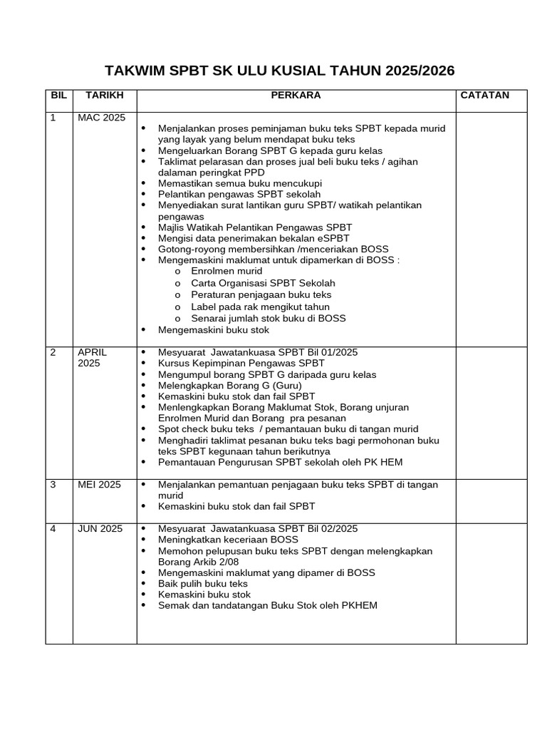 Takwim SPBT 2025 SK Ulu Kusial | PDF