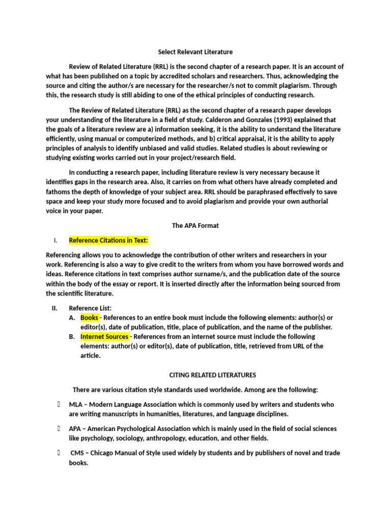 Select Relevant Literature | PDF | Citation | Apa Style