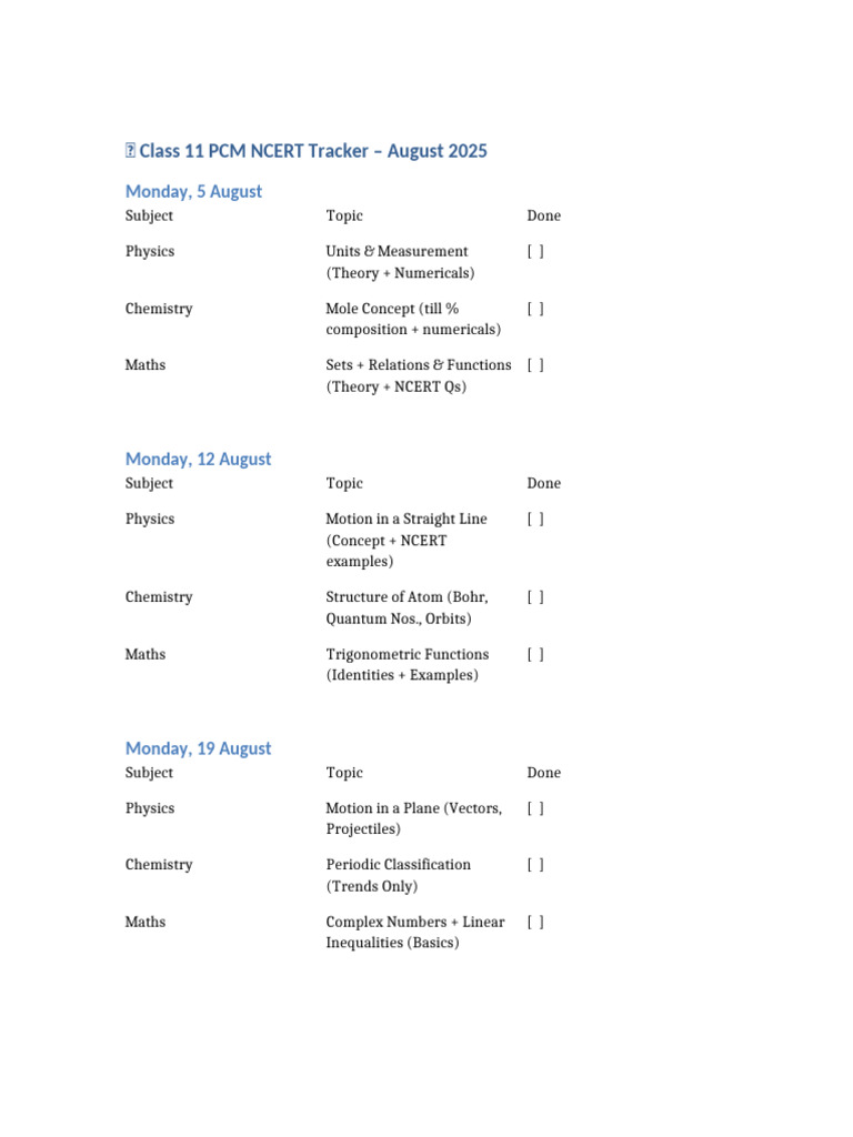 Class 11 PCM Tracker - August 2025 | PDF