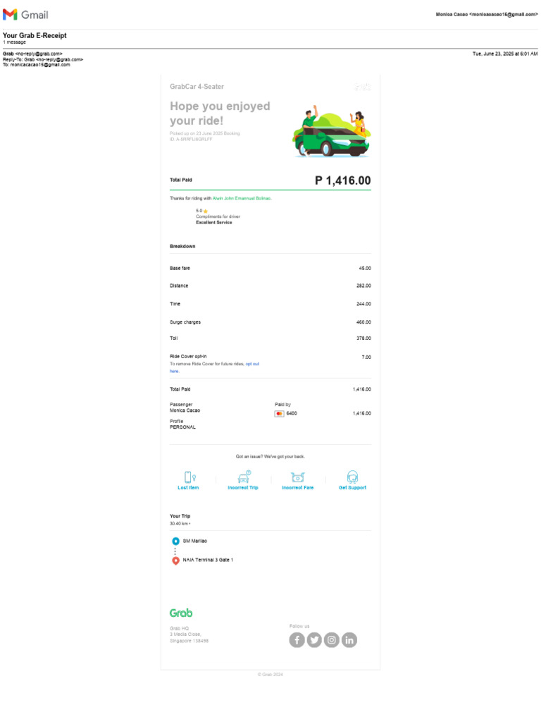 06-23-2025 Grab Receipt | PDF | Public Transport | Transport
