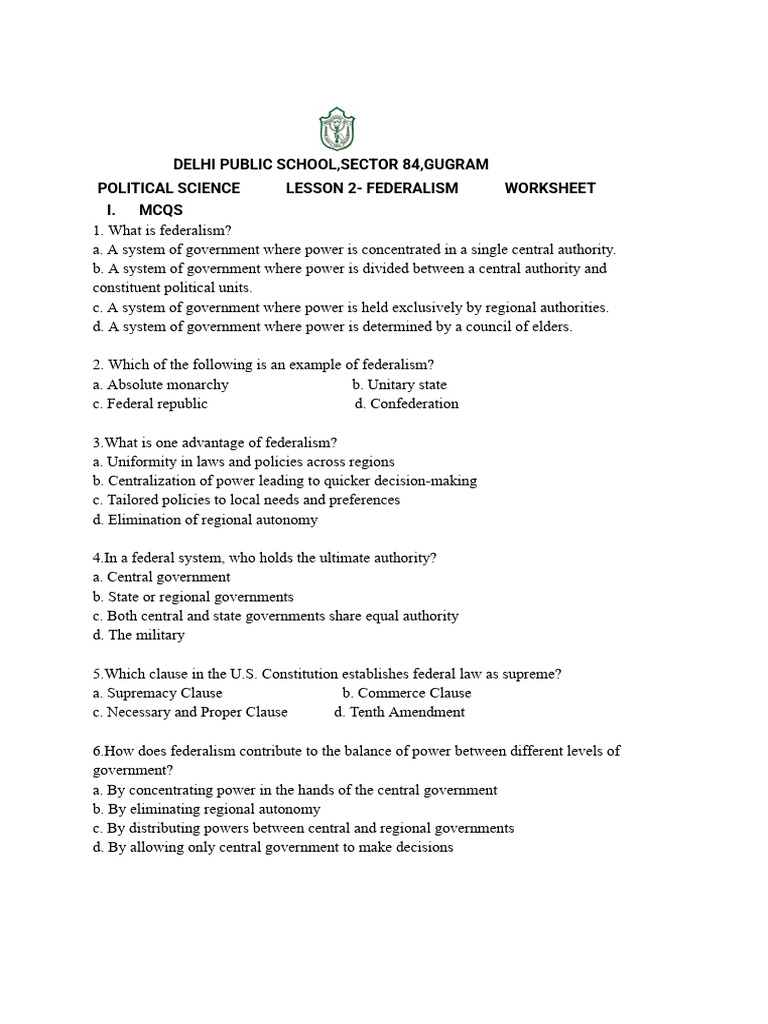 Federalism Worksheet for Political Science | PDF | Federalism | Government