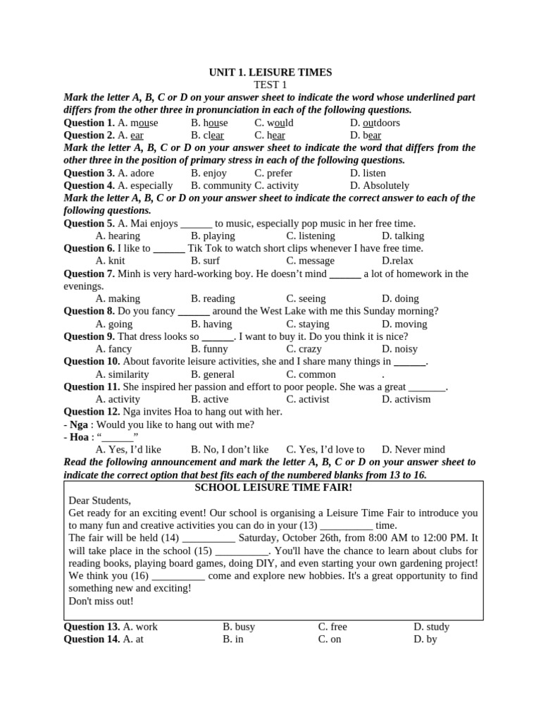 Grade 8 English: Leisure Activities Test | PDF | Hobbies | Shower