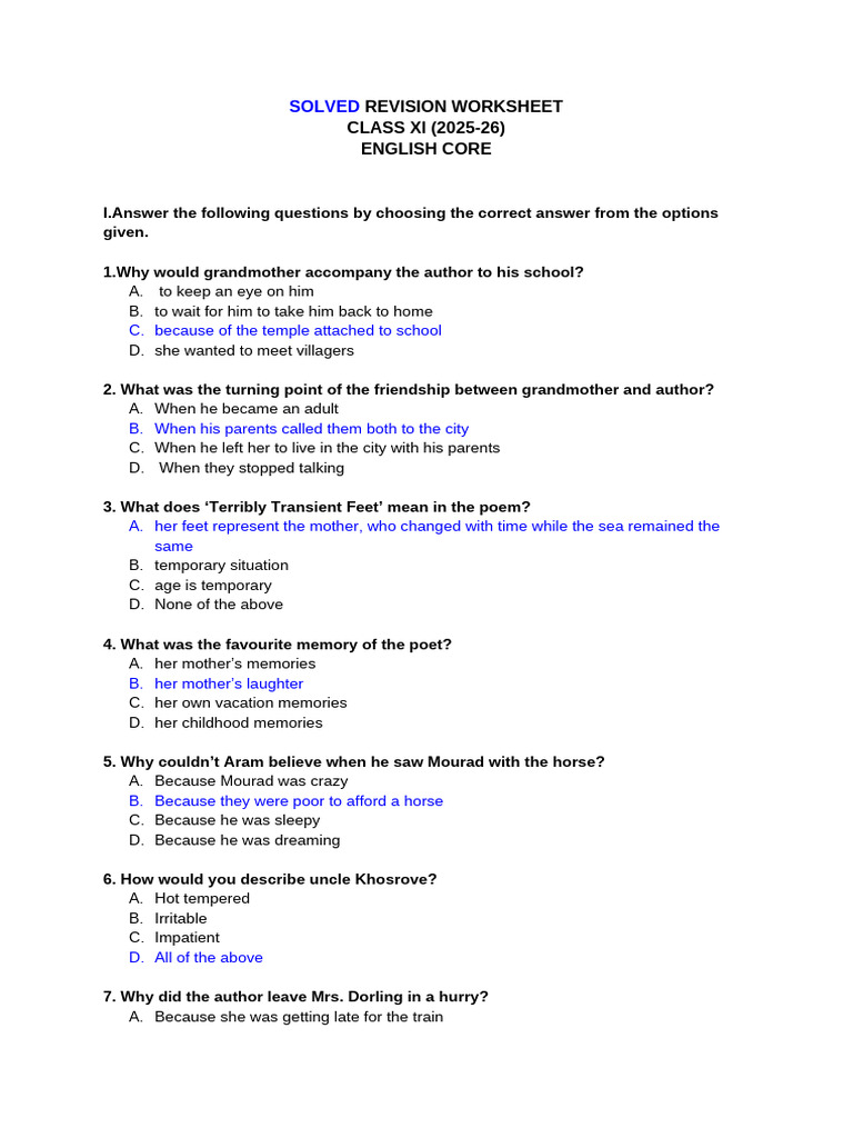Class XI English Core Revision Worksheet | PDF