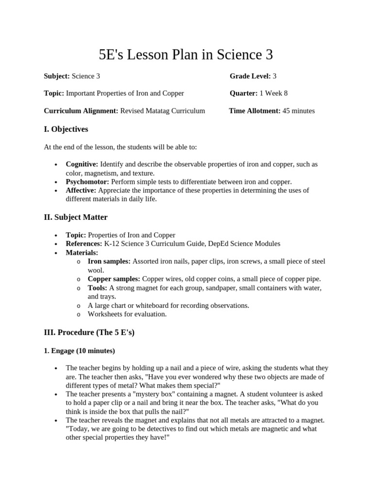 5E's Lesson Plan: Iron and Copper Properties | PDF | Copper | Iron