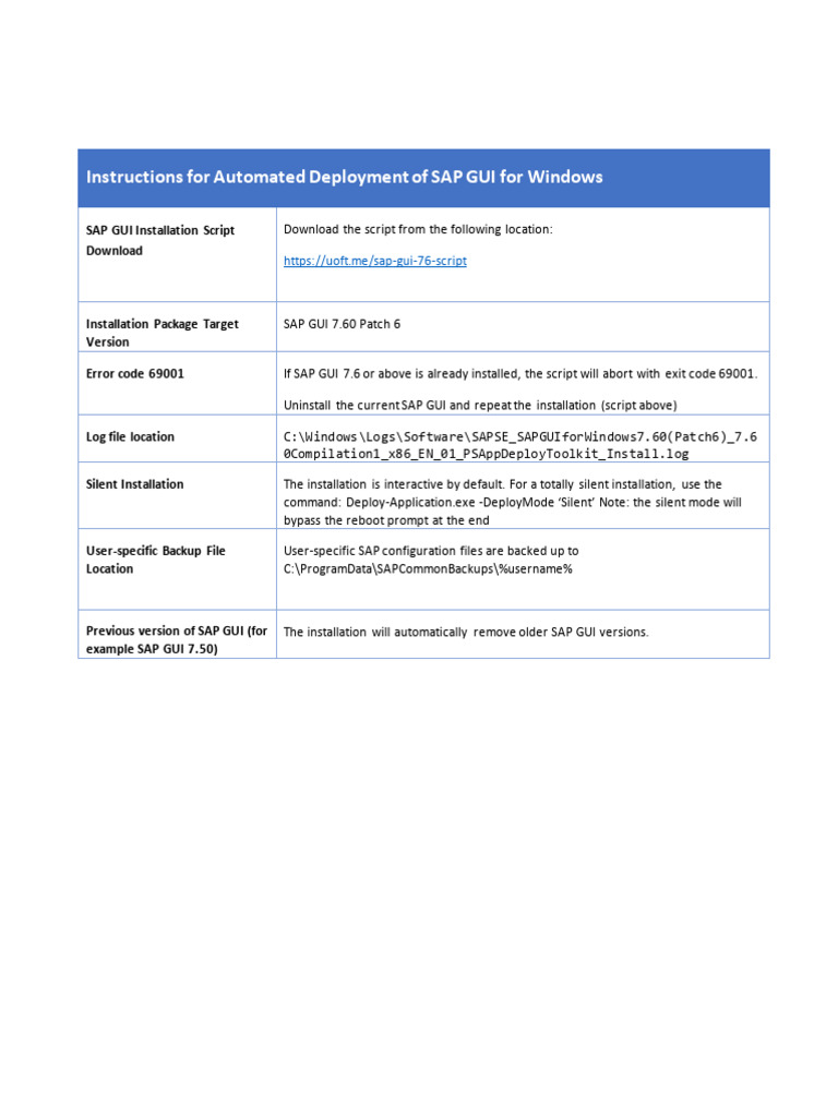 Instructions For Automatic Deployment of SAP GUI 7.6 Patch 6 For Windows | PDF | Installation ...