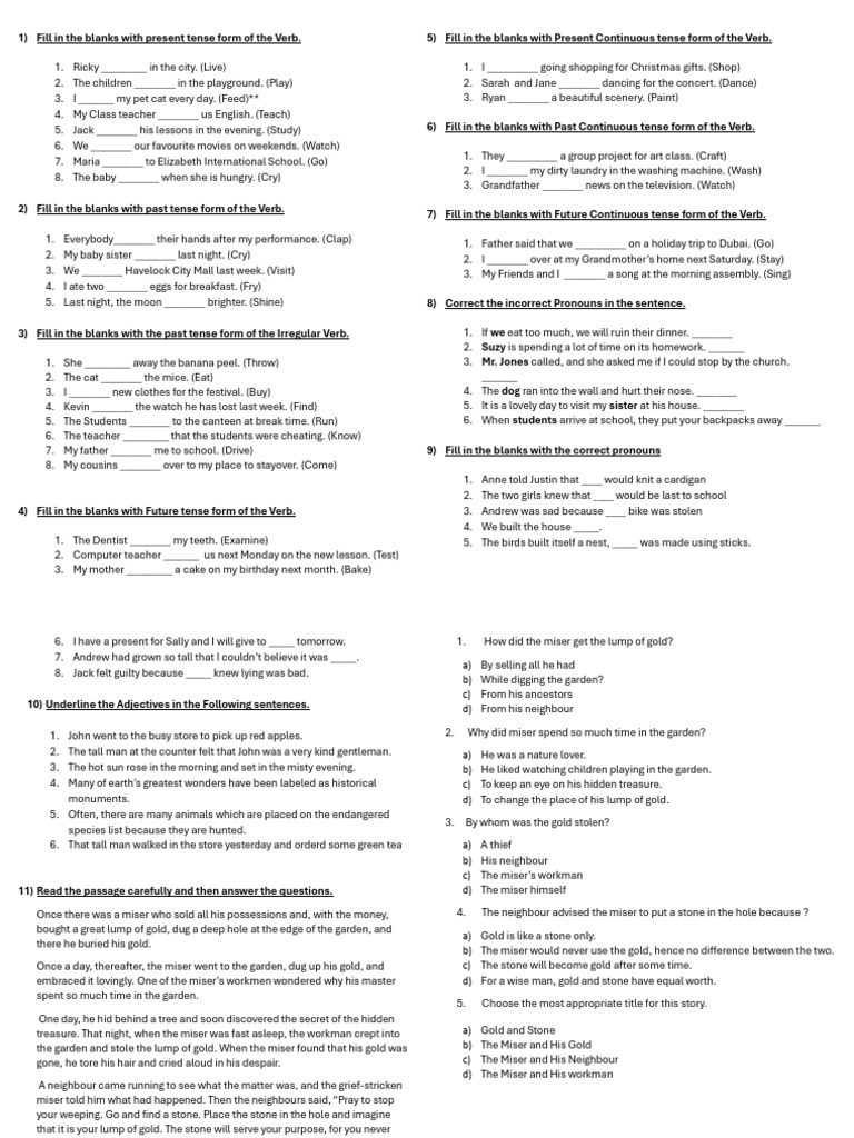 Verb Tense and Pronoun Worksheet | PDF
