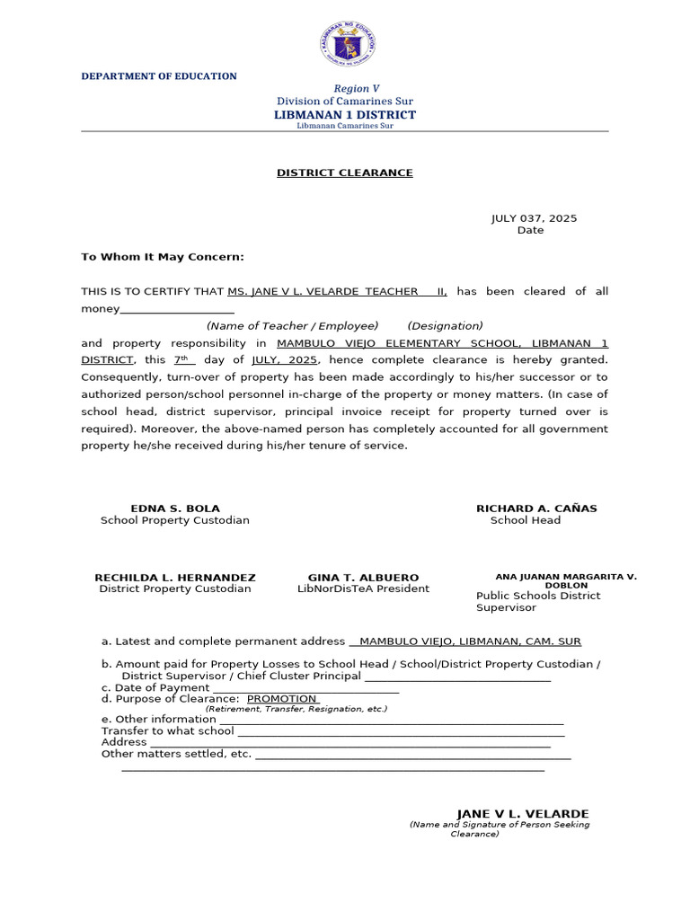 District Clearance Blank Lncs 2025 | PDF | Business