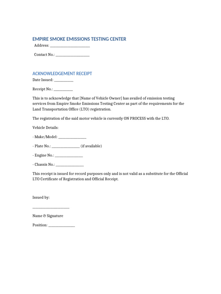 Acknowledgement Receipt Empire Smoke | PDF