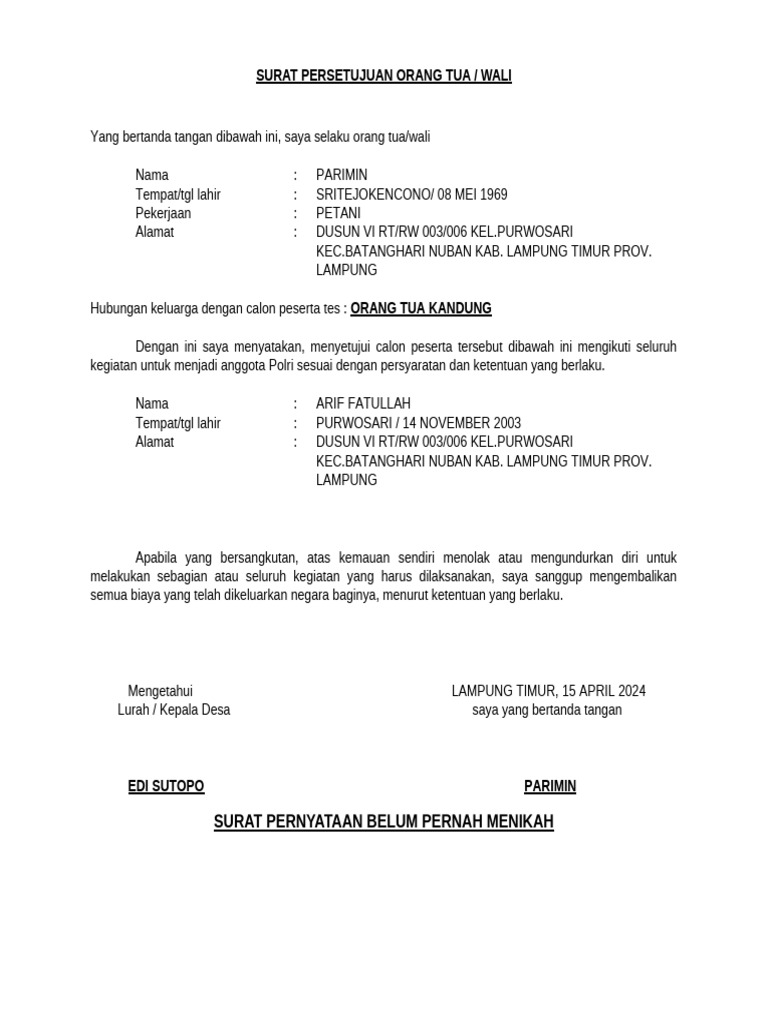 Berkas Arif Pendafataran Polri 2024 | PDF