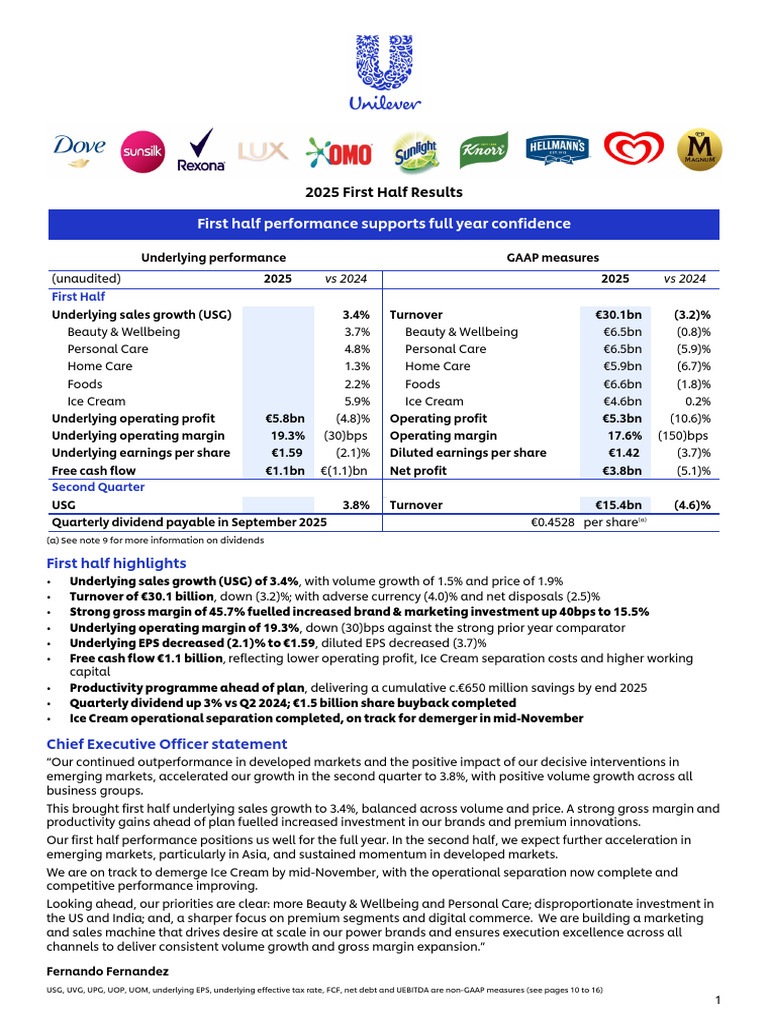 Unilever H1 2025 Results Overview | PDF | Investing | Revenue