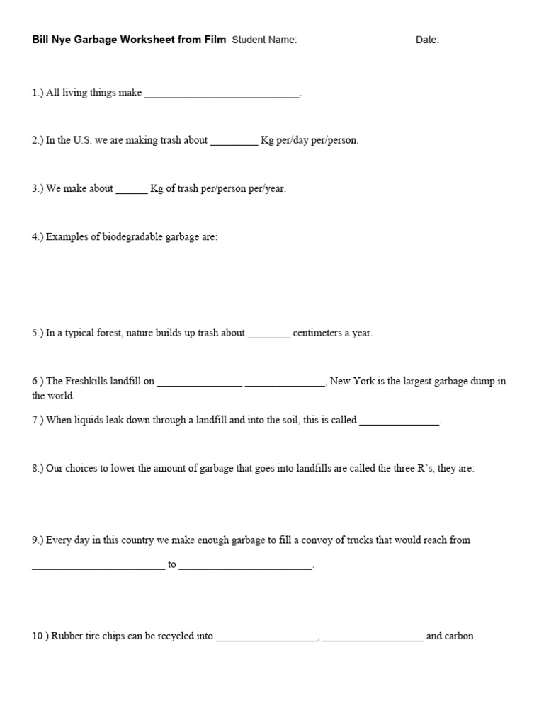 Izabella Dye (STUDENT) - Bill - Nye - Garbage - Worksheet - Zwick | PDF