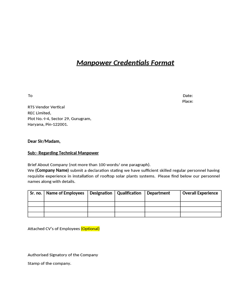 Manpower Credentials Submission Format | PDF
