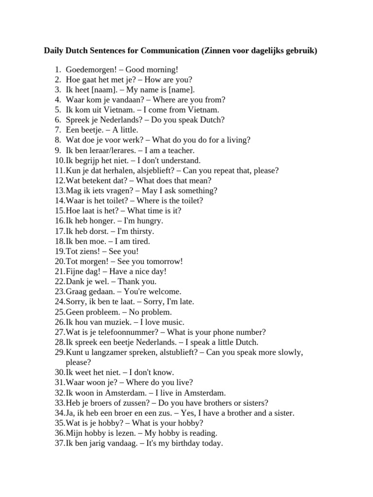 Daily Dutch Sentences For Communication | PDF
