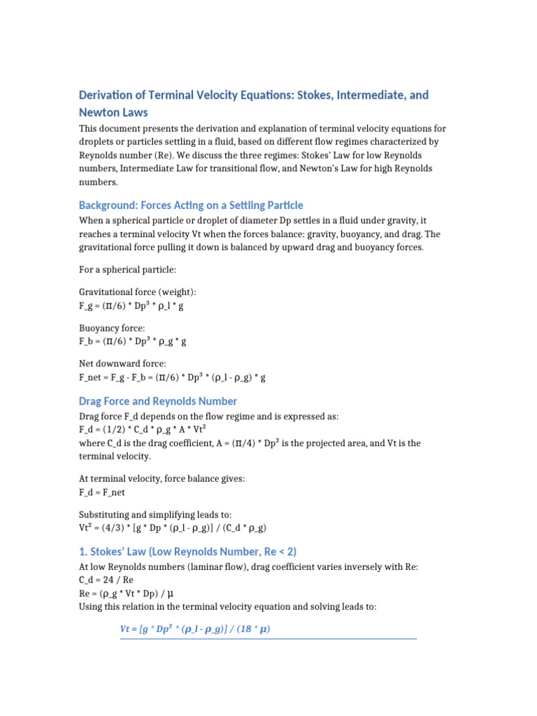 Terminal Velocity Derivation Overview | PDF | Force | Reynolds Number
