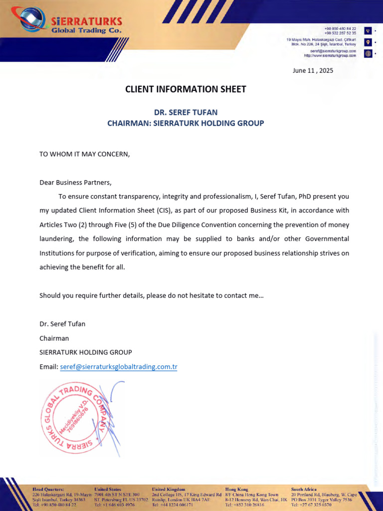 Seref Tufan Client Information Sheet | PDF