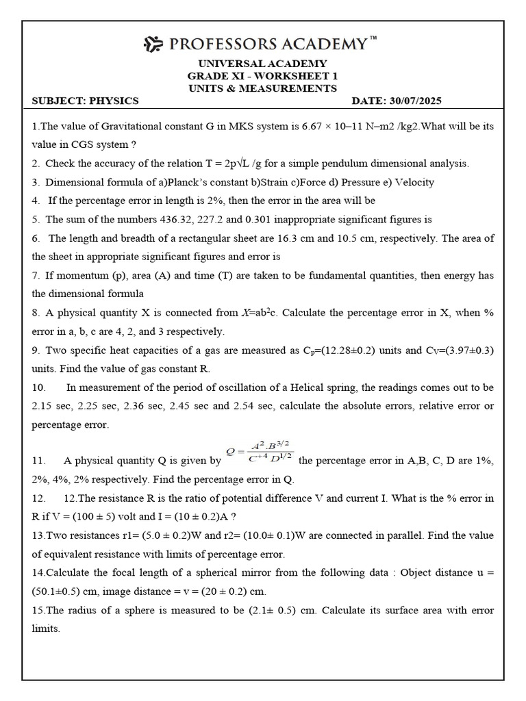Grade XI Physics: Units & Measurements Worksheet | PDF