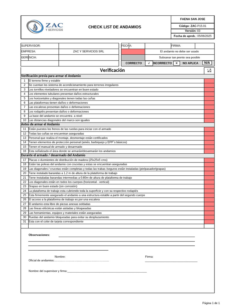 Checklist de Seguridad para Andamios | PDF | Andamio