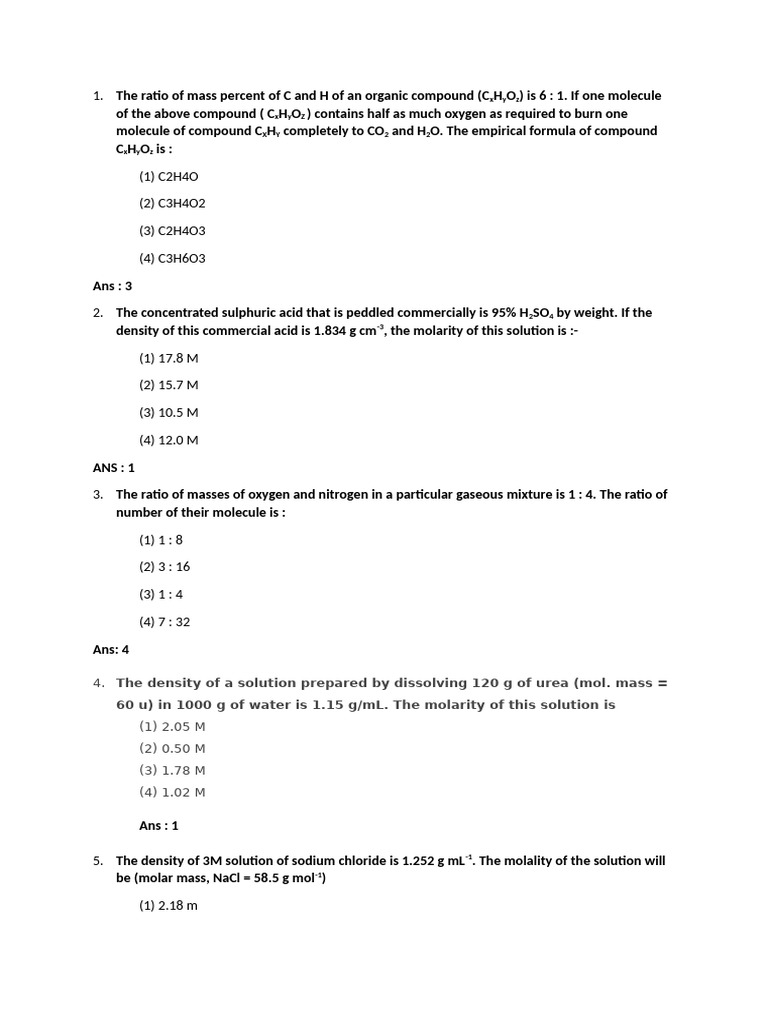 12th Test 1 Mole Concept | PDF | Molar Concentration | Mole (Unit)
