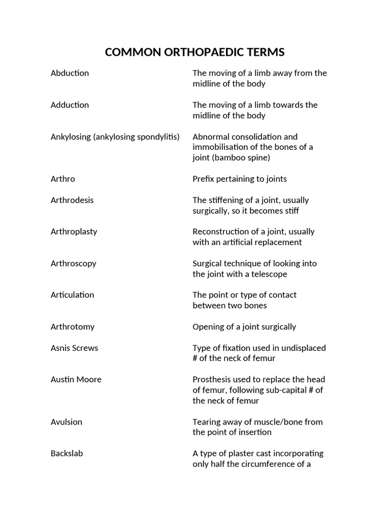Further Ortho Terms and Abbreviations | PDF | Human Leg | Anatomical ...