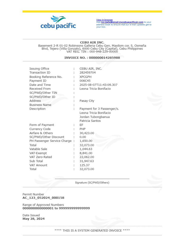 Cebu Pacific Air Invoice Summary | PDF