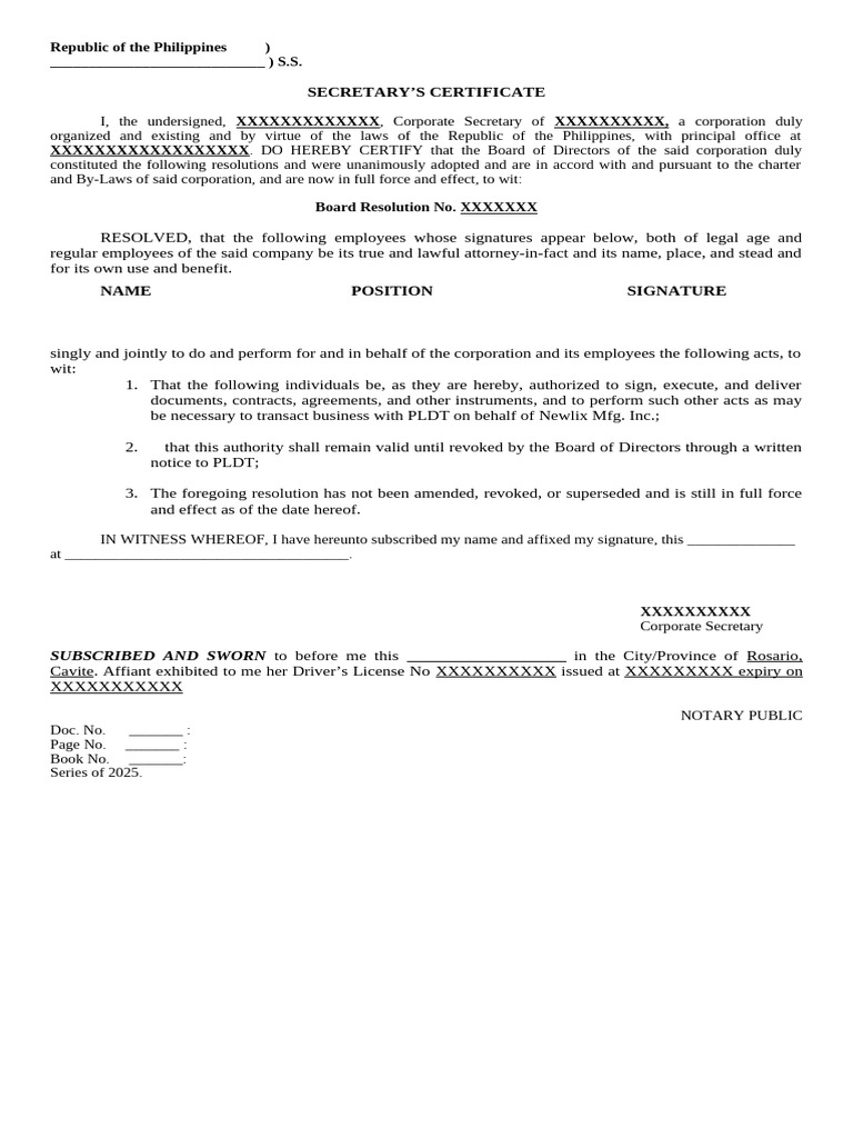 Secretary's Certificate For Authorized Signatory | PDF | Civil Law ...