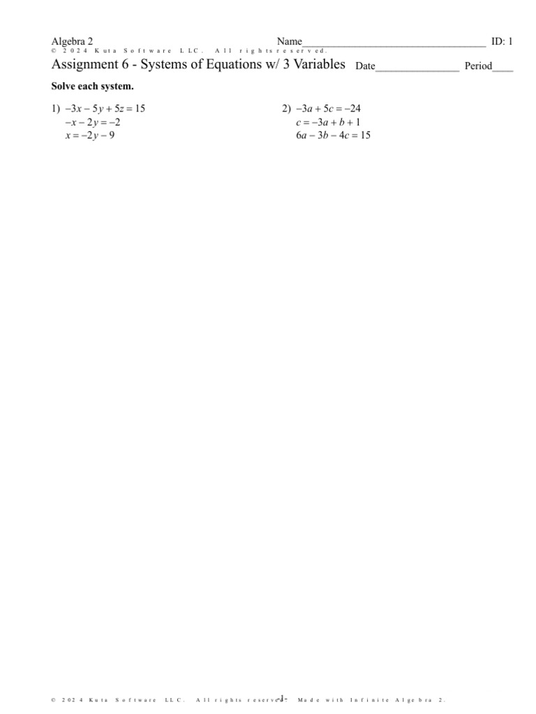 Assignment 6 - Systems of Equations W 3 Variables | PDF | Mathematics ...