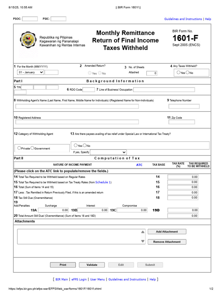 BIR Form 1601-F Monthly Remittance | PDF | Taxation | Government Finances