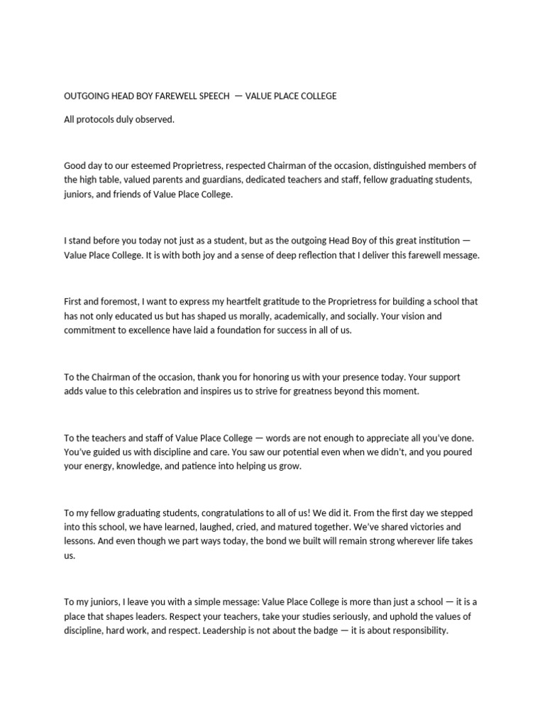 Outgoing Head Boy Speech | PDF