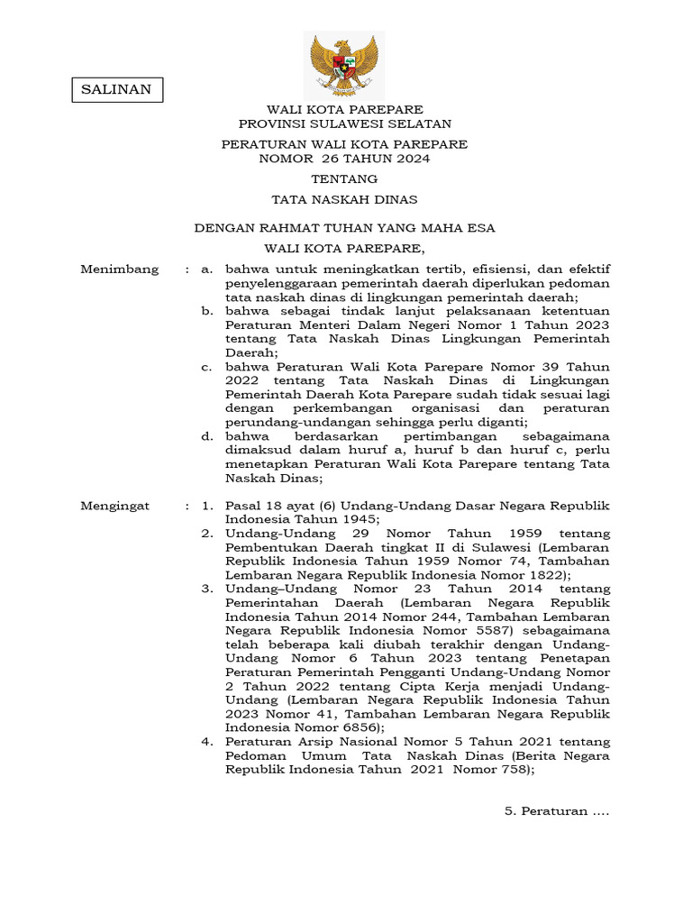 Salinan Perwa Tata Naskah Dinas 2024 | PDF