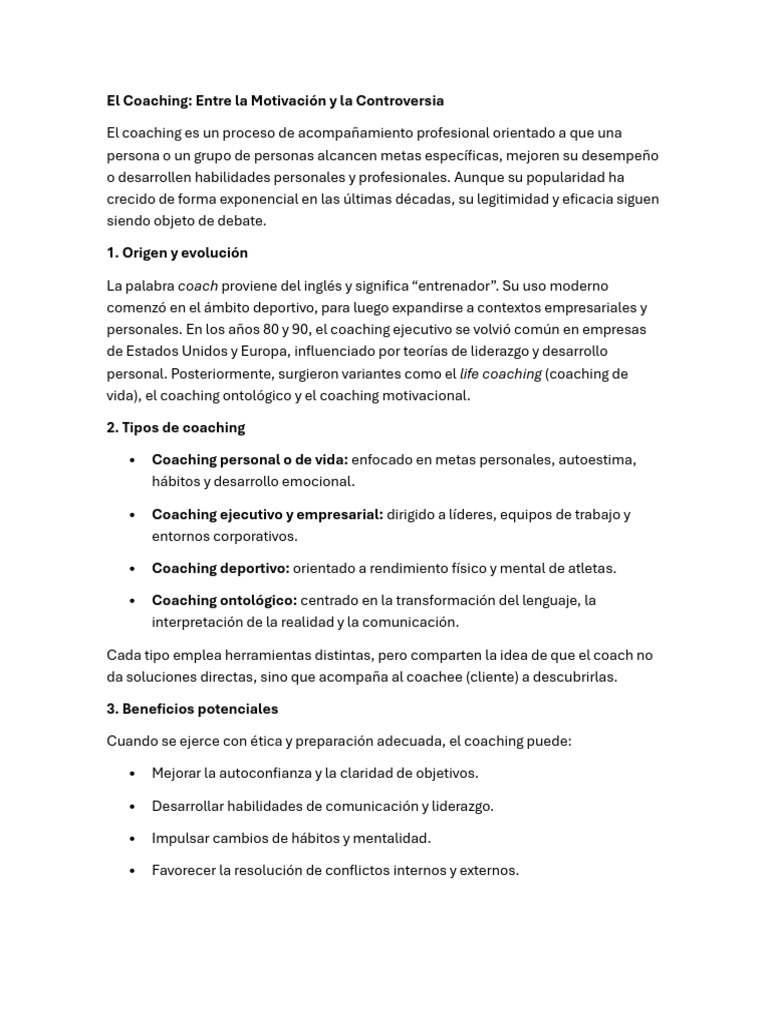 Coaching: Beneficios y Controversias | PDF | Desarrollo personal ...