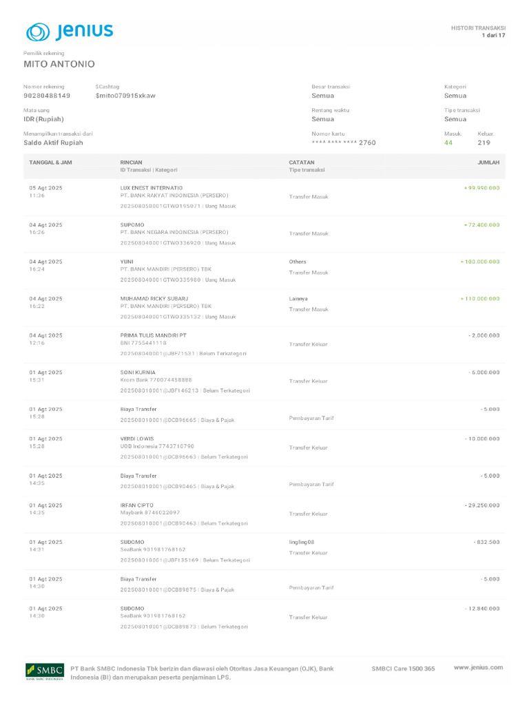 Jenius Main History 05 AGT 2025 | PDF