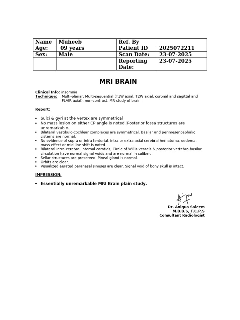 MRI Brain Report - Unremarkable Findings | PDF
