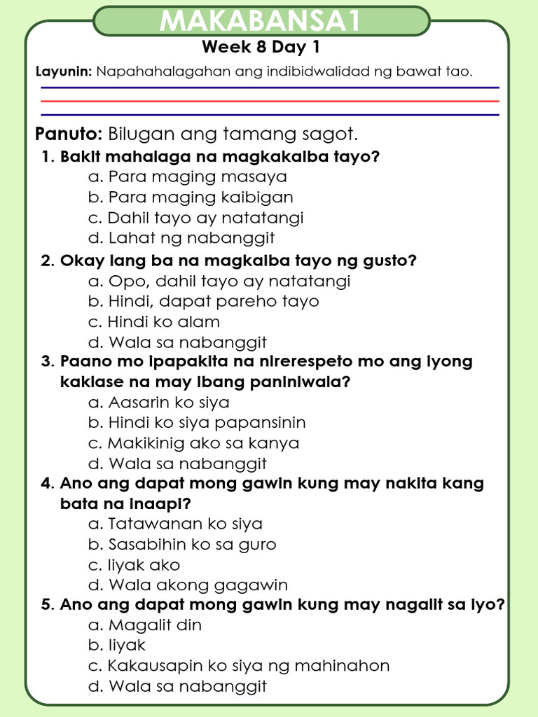 MAKABANSA WORKSHEET Week 8 | PDF