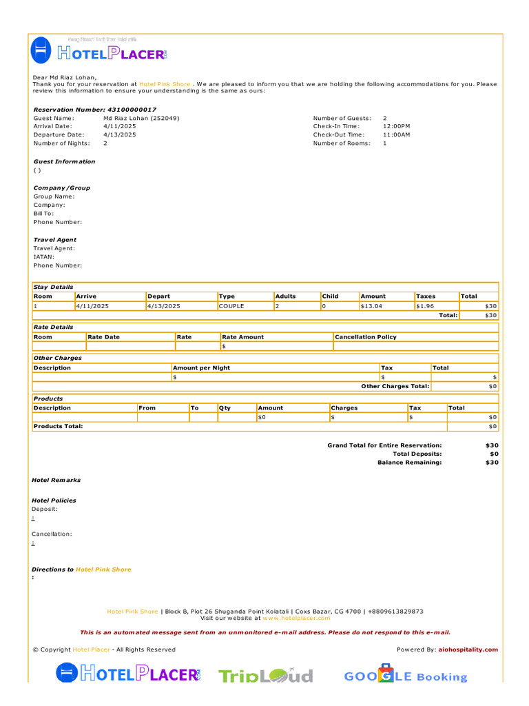 Hotel Pink Shore Reservation Confirmation | PDF | Hotel | Hospitality ...