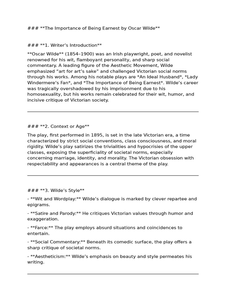 The Importance of Being Earnest Overview | PDF | The Importance Of ...